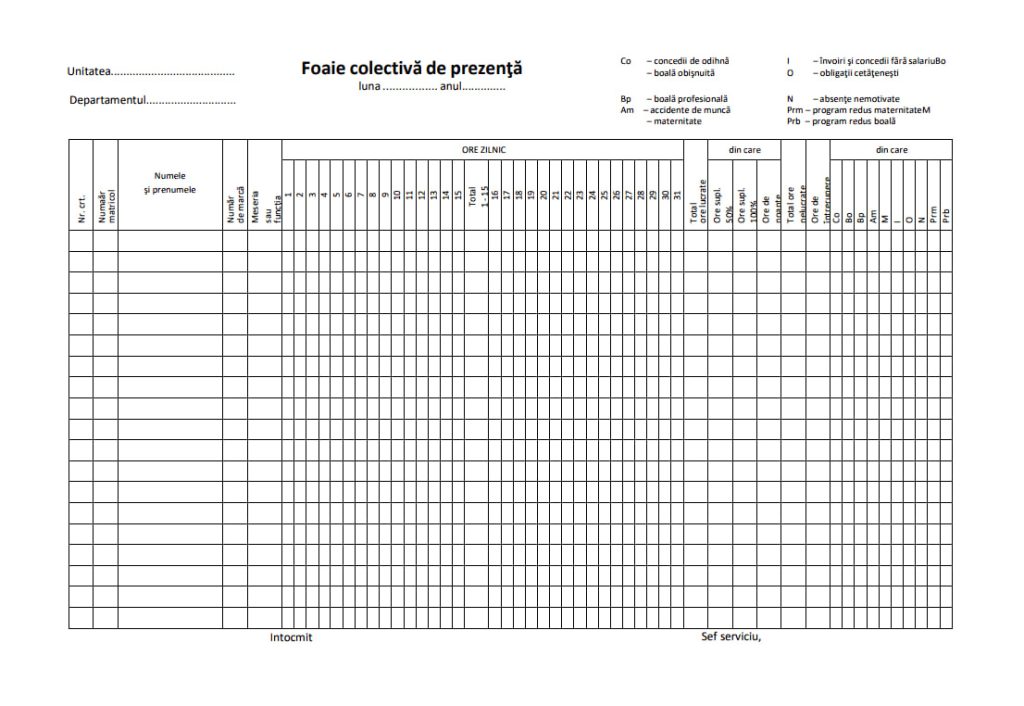 Model fisa de pontaj zilnic ️ Descarcare Gratuita